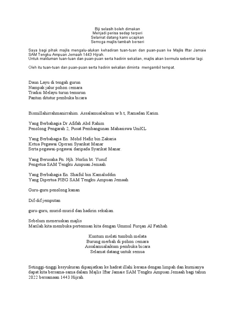 Teks Pengacara Majlis Iftar Jamaie 2022 | PDF
