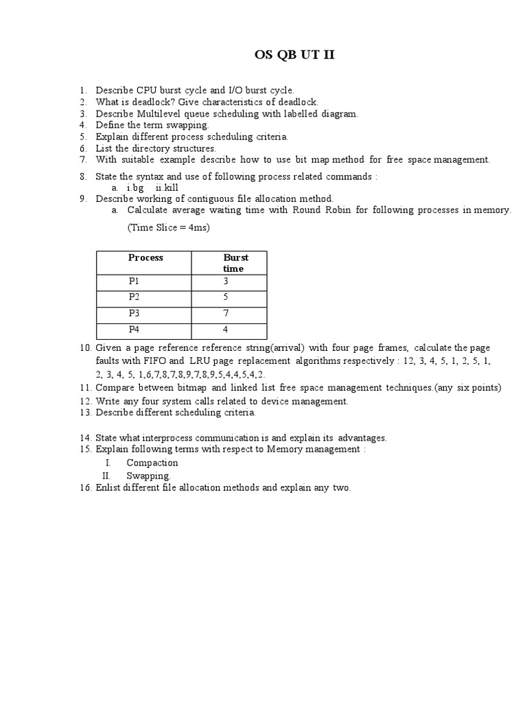 Operating System Question Bank | PDF