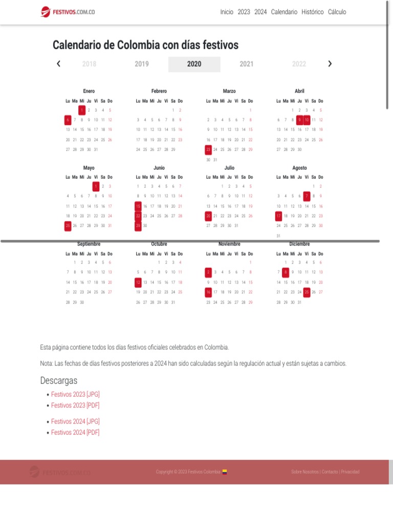 Calendario de Colombia Con Días Festivos: Inicio 2023 2024 Calendario ...