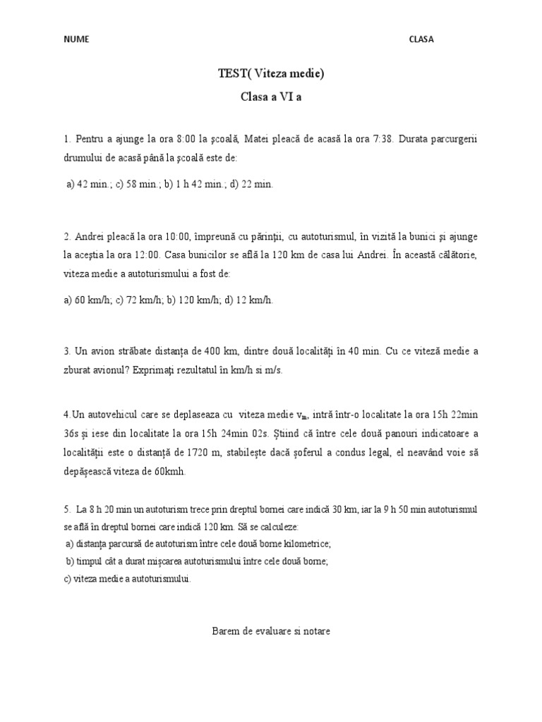 Test VI Viteza Medie | PDF