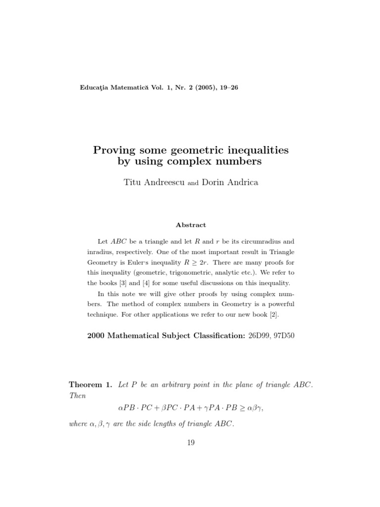 Proving Some Geometric Inequalities Using Complex Numbers | PDF ...