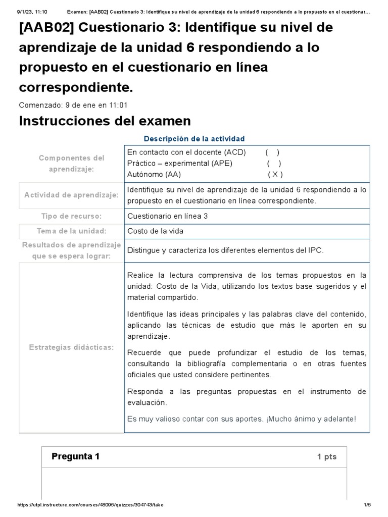 Examen - (AAB02) Cuestionario 3 - Identifique Su Nivel de Aprendizaje de La Unidad 6 ...