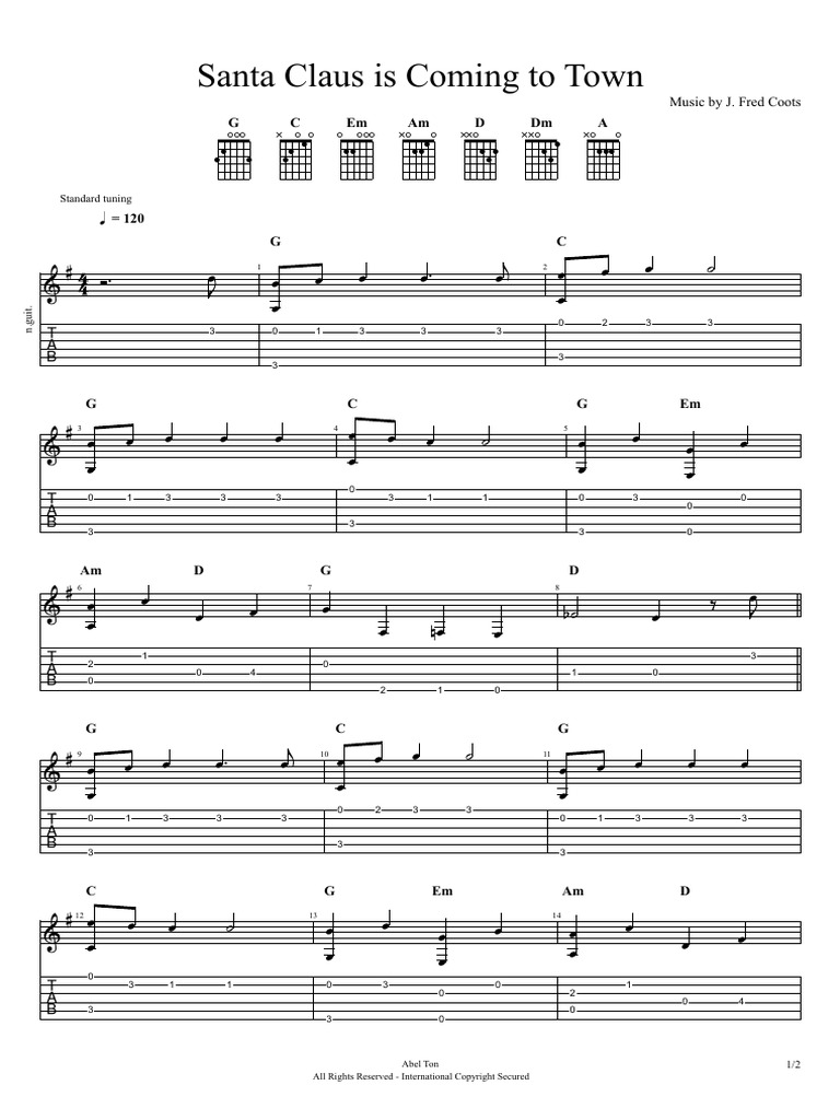 Santa Claus Is Coming To Town Guitar Arrangement With Tabs | PDF