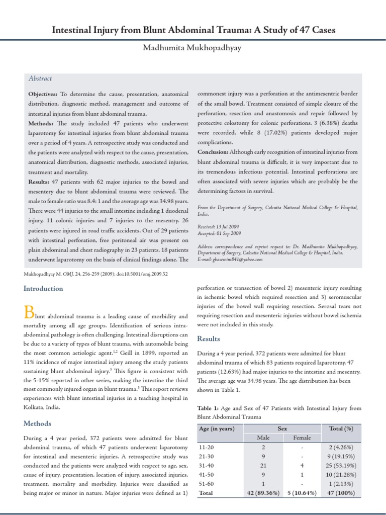Intestinal Injury From Blunt Abdominal Trauma: A Study of 47 Cases ...