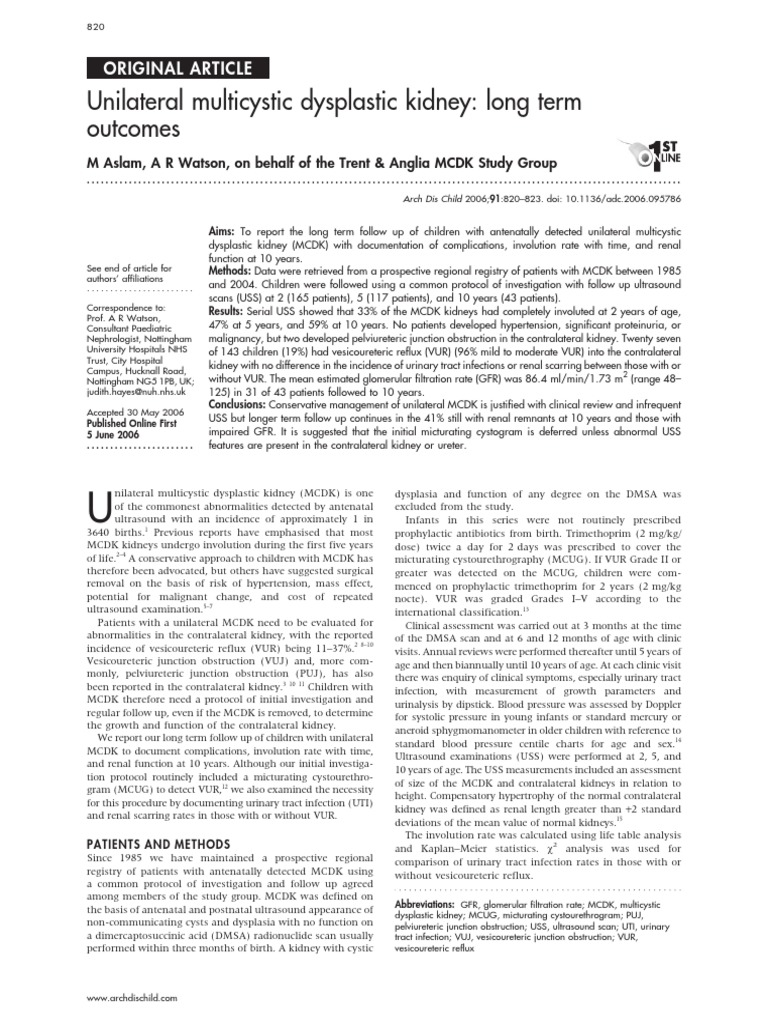Unilateral Multicystic Dysplastic Kidney Long Term Outcomes | PDF ...