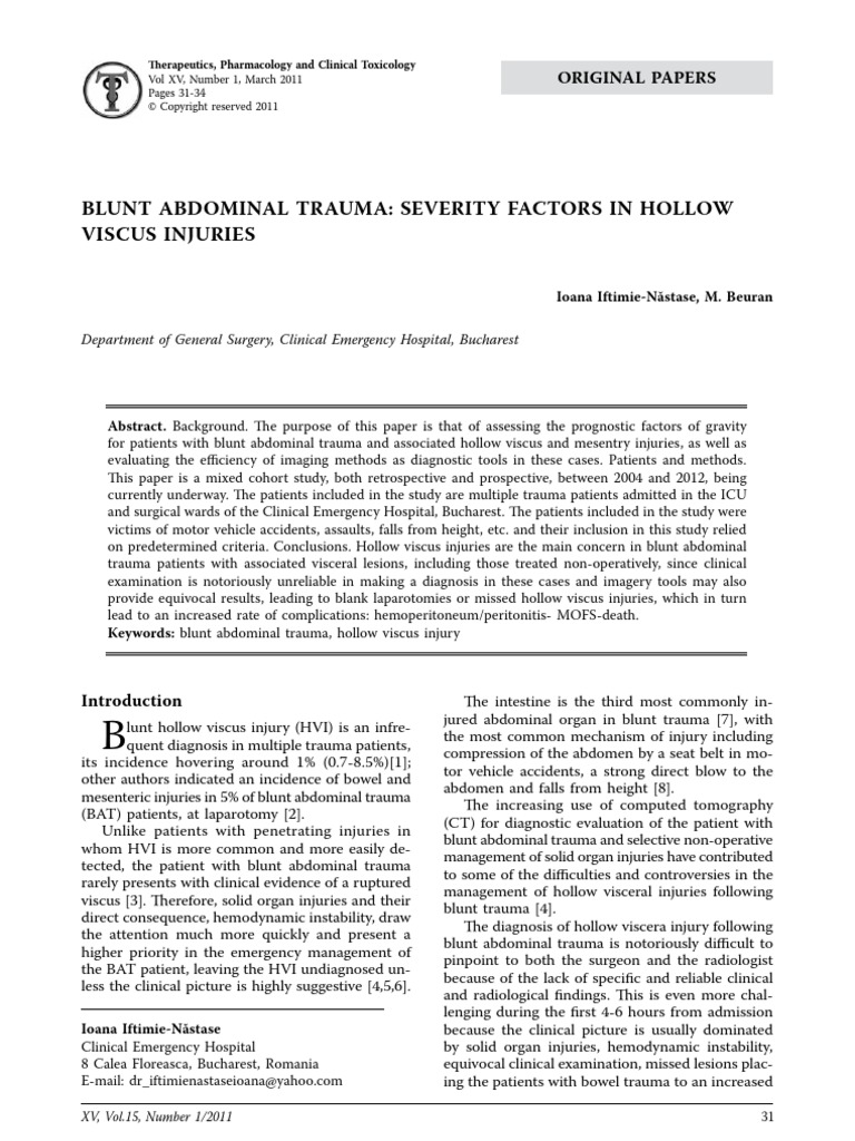 Blunt Abdominal Trauma: Severity Factors in Hollow Viscus Injuries ...