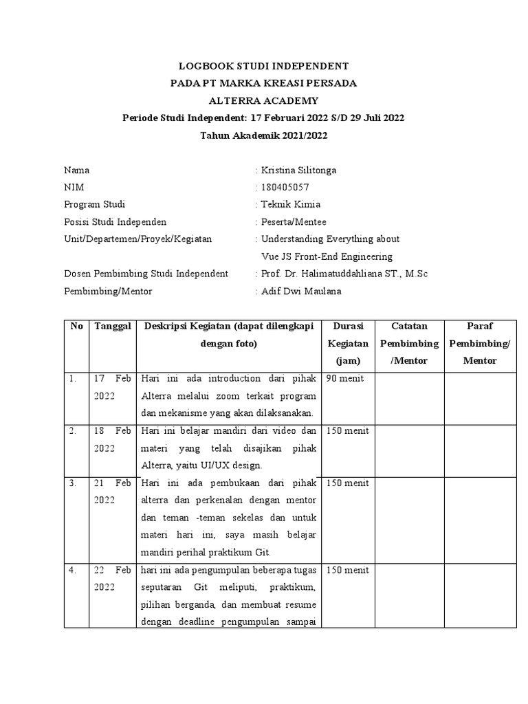 Kristina Silitonga - Logbook Studi Independen | PDF