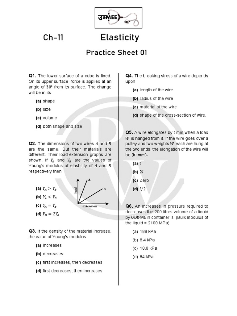 Elasticity Practice Sheet Pdf Young S Modulus Elasticity Physics