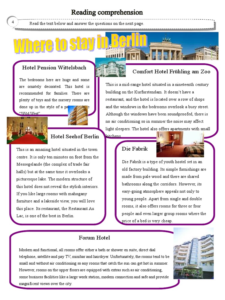 Berlins Hotels Fun Activities Games Reading Comprehension Exercis ...