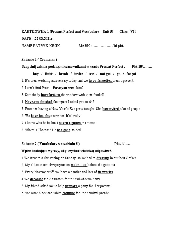 Kartkówka 1 Present Perfect | PDF