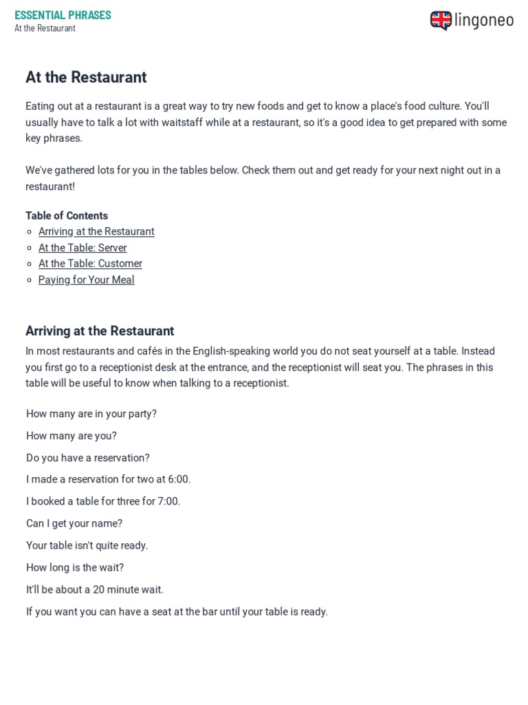 Essential English Phrases for Dining Out | PDF | Waiting Staff ...