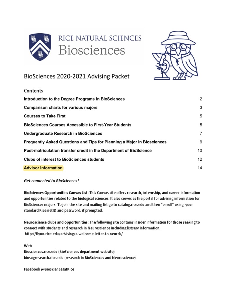 Rice University - BioSciences 2020-2021 Advising Booklet | PDF ...
