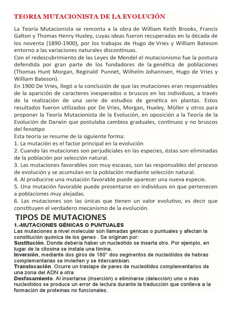 Teoria Mutacionista de La Evolución | PDF | Biología | Biología ...