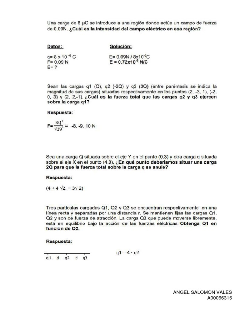 Salomon Vales - Angel - Unidad 4. Actividad 2. Ejercicios Campo Eléctrico | PDF