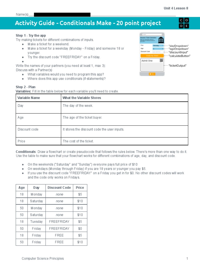 Activity Guide - Conditionals Make - Unit 4 Lesson 8 | PDF | Workweek ...