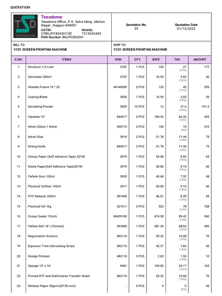 1CS1 Screen Printing Machine Quotation 39 | PDF | Rupee | Adhesive