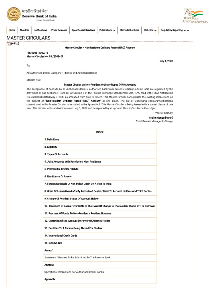Rbi Guidelines On NRO | PDF | Banks | Reserve Bank Of India