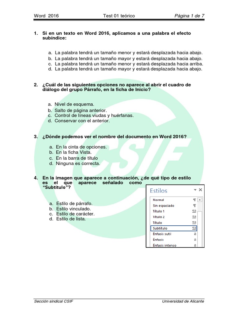 Test Teorico No 1 Word 2016 | PDF | Microsoft Word | Informática