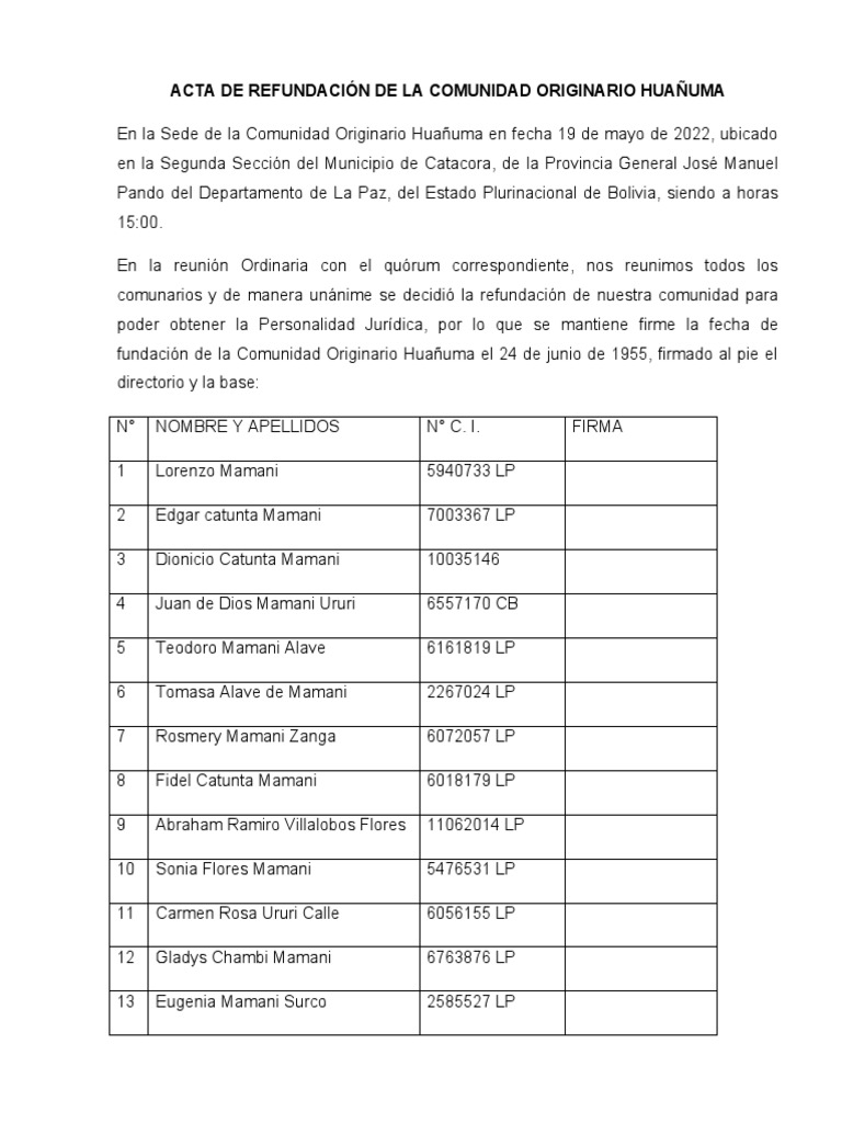 Acta Refundacion Huañuma - 18-09-2022 | PDF Acta Refundacion Huañuma - 18-09-2022 | PDF