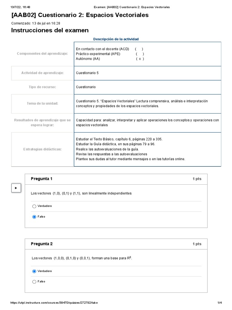 Examen - (AAB02) Cuestionario 2 - Espacios Vectoriales10 - 10 | PDF | Espacio vectorial | Base ...