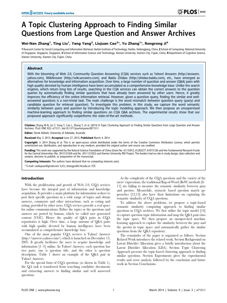 A Topic Clustering Approach To Finding Similar Questions From Large ... A Topic Clustering Approach To Finding Similar Questions From Large ...