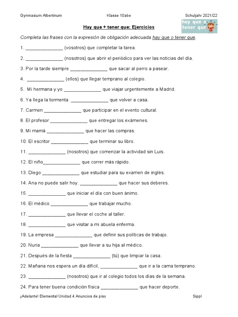 Ejercicios de "hay que" y "tener que" | PDF