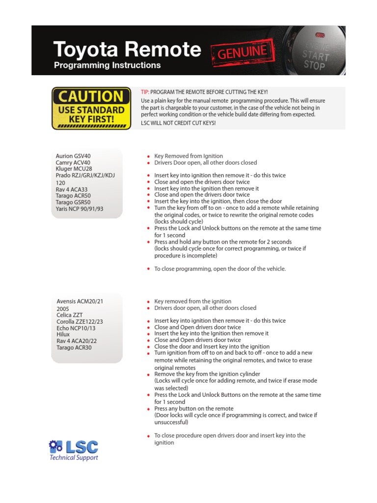 H:/WWW - Lsc.com - au/Documents/Toyota Remote Instructions PDF | PDF ...