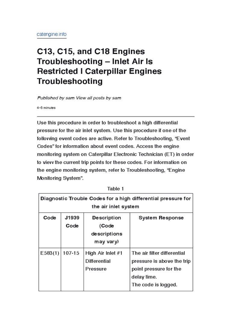 C13, C15, and C18 Engines Troubleshooting - Inlet Air Is Restricted ...