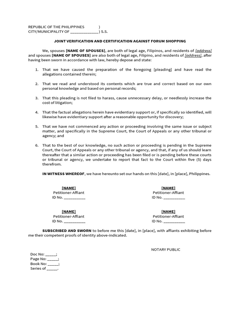 JOINT VERIFICATION & Certification Against Forum Shopping - Both Petitioners Are Spouses With ...