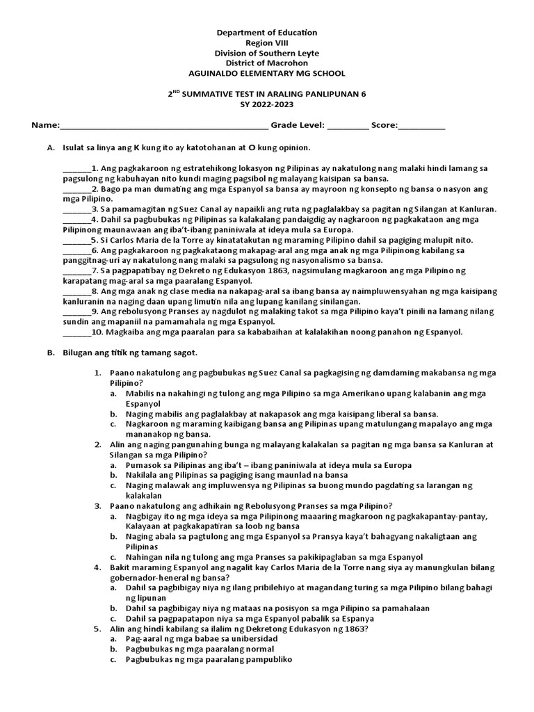 2nd Summative Test In Ap6 Pdf