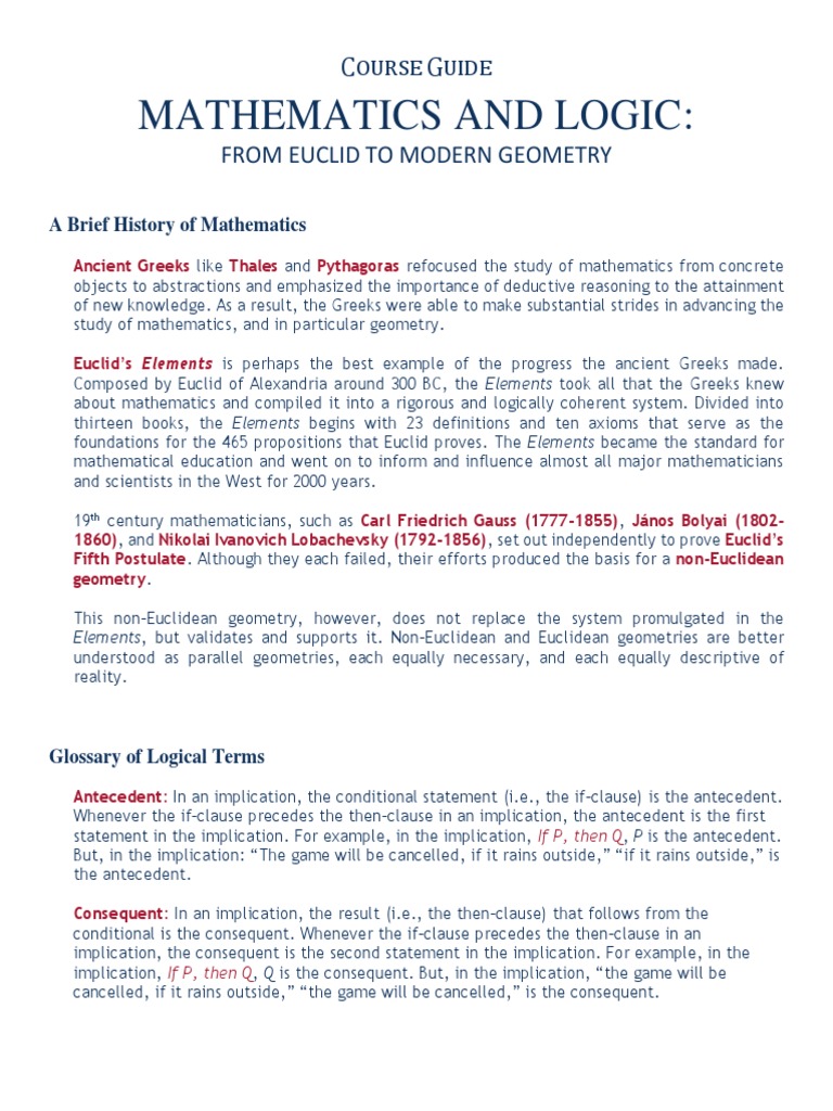 Mathematics & Logic - From Euclid To Modern Geometry - Study Guide | PDF