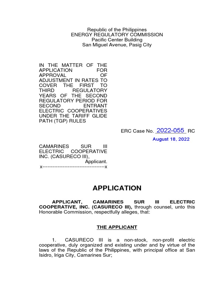 2022-055 RC CASURECO II TGP Application | PDF | Php