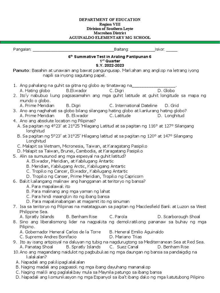 6th Summative Test AP6 q1 | PDF