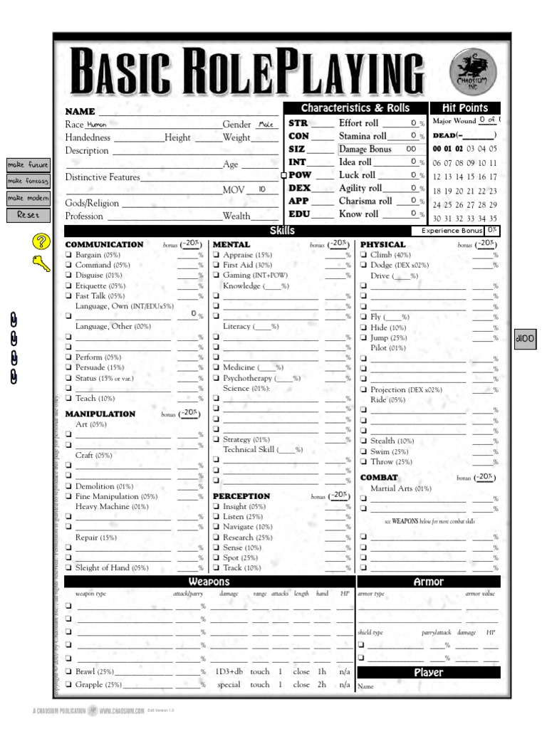 BRP Character Sheet - Autofill - Chaosium | PDF