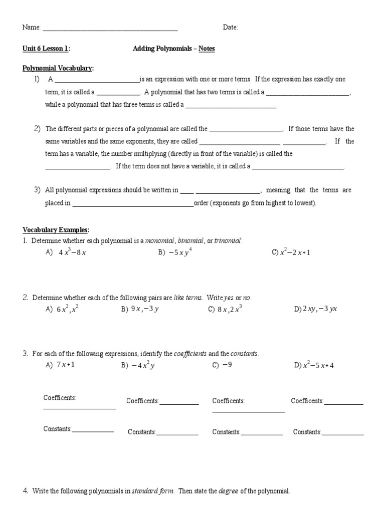 6.1 Adding and Subtracting Polynomials | Download Free PDF | Polynomial ...