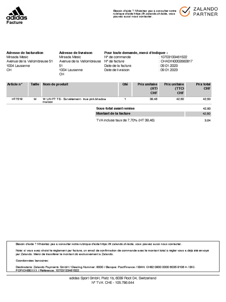 Facture Zalando pour commande 10703133461522 | PDF | Les sociétés ...