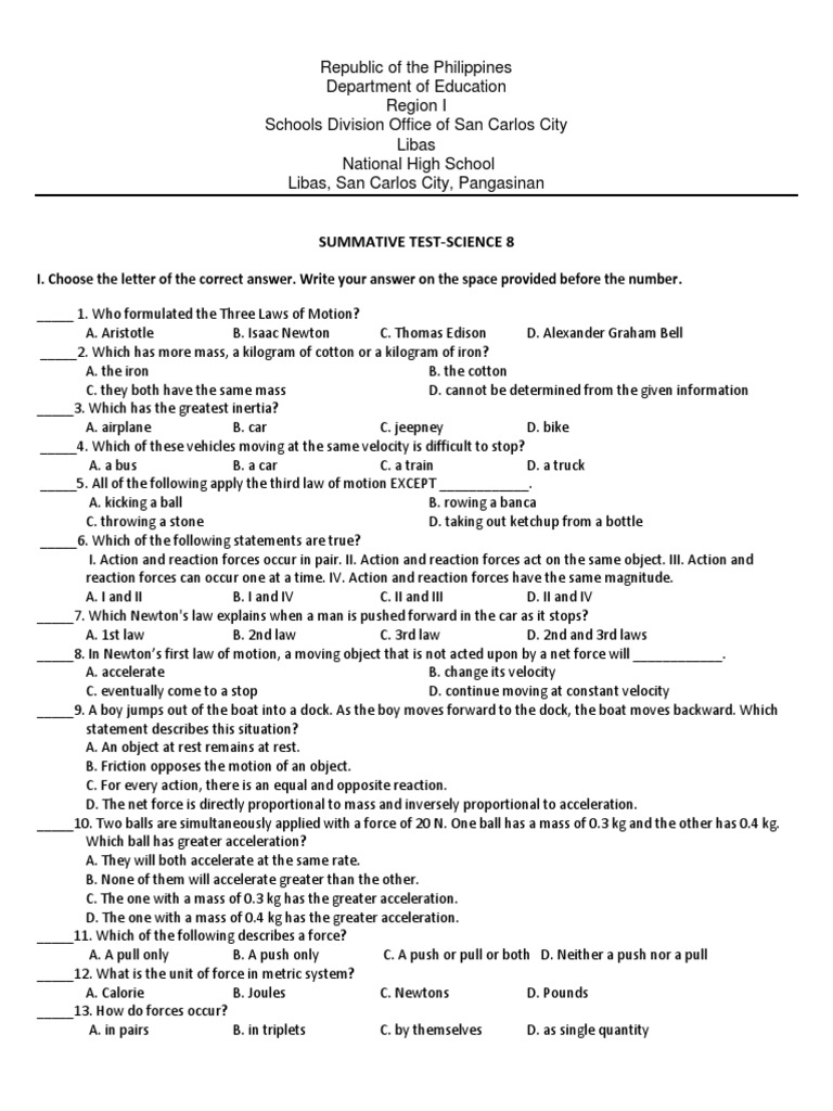Science 8 Summative Test | PDF | Force | Acceleration