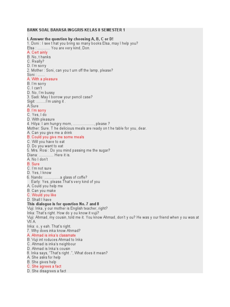 Bank Soal Bahasa Inggris Kelas 8 Semester 1 | PDF