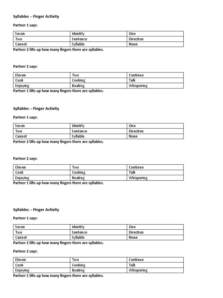 Handouts. Syllable Finger Partner Game | PDF