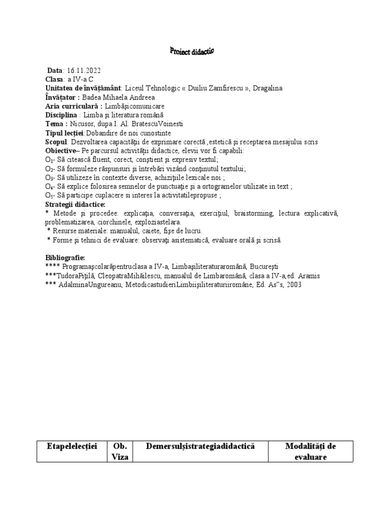 Proiect Didactic Romana Inspectie | PDF