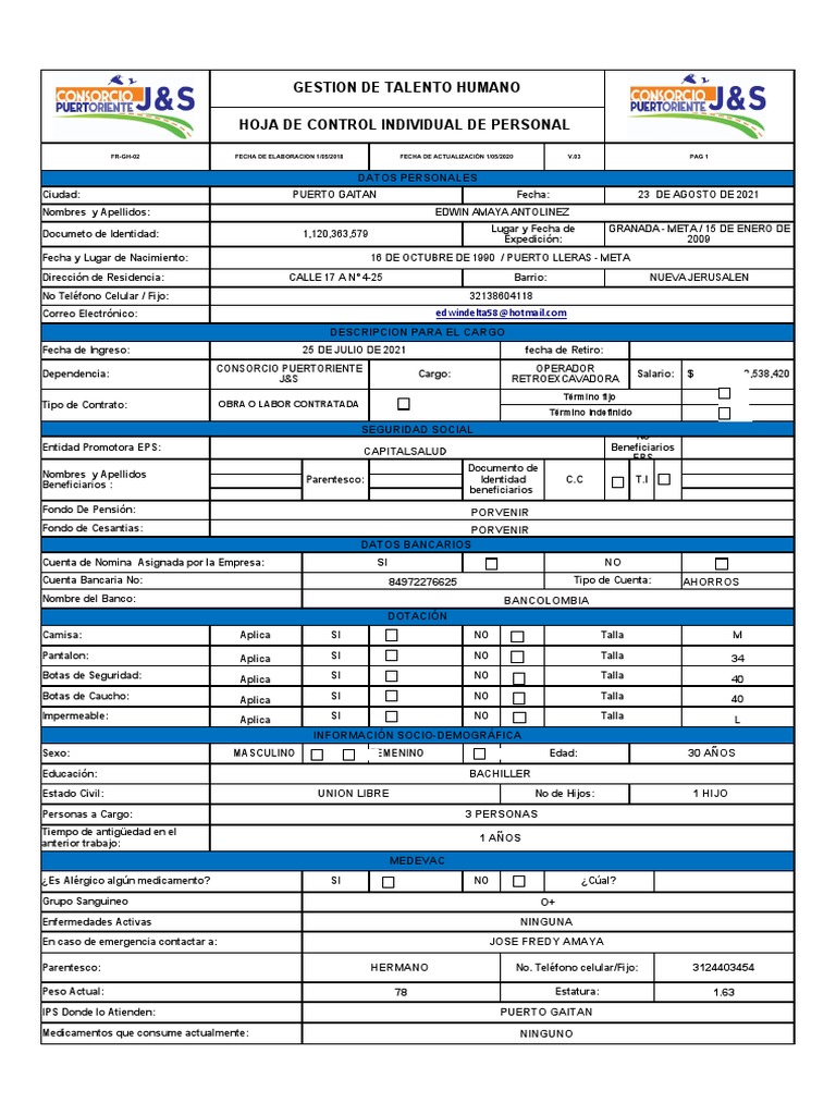FR-GH-02 Hoja de Control Individual de Personal | PDF | Medicamentos ...