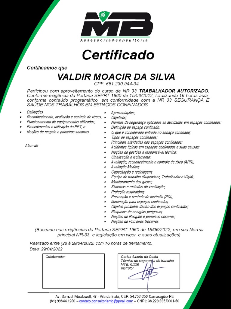 Certificado NR 33 - Trabalhador Aut. | PDF | Segurança