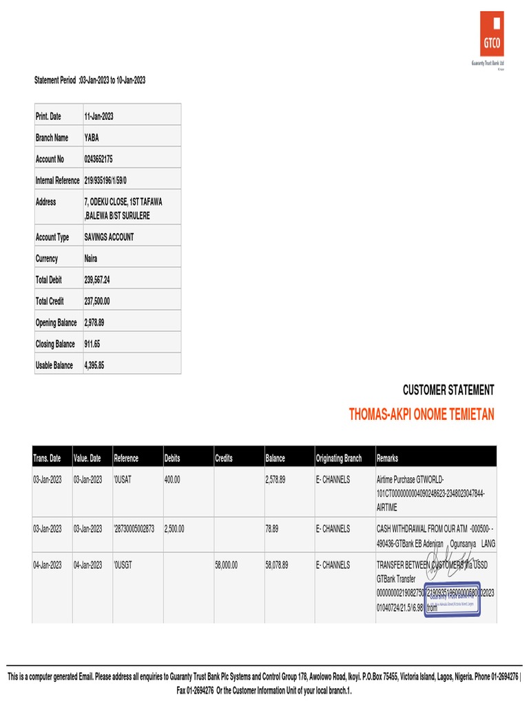 Thomas-Akpi Onome Temietan: Customer Statement | PDF | Automated Teller Machine | Financial ...
