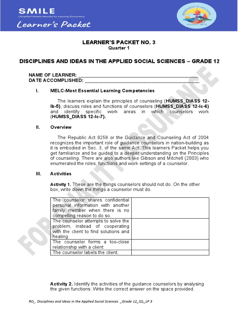 DIASS LP Week 3 | PDF | Counseling Psychology | School Counselor