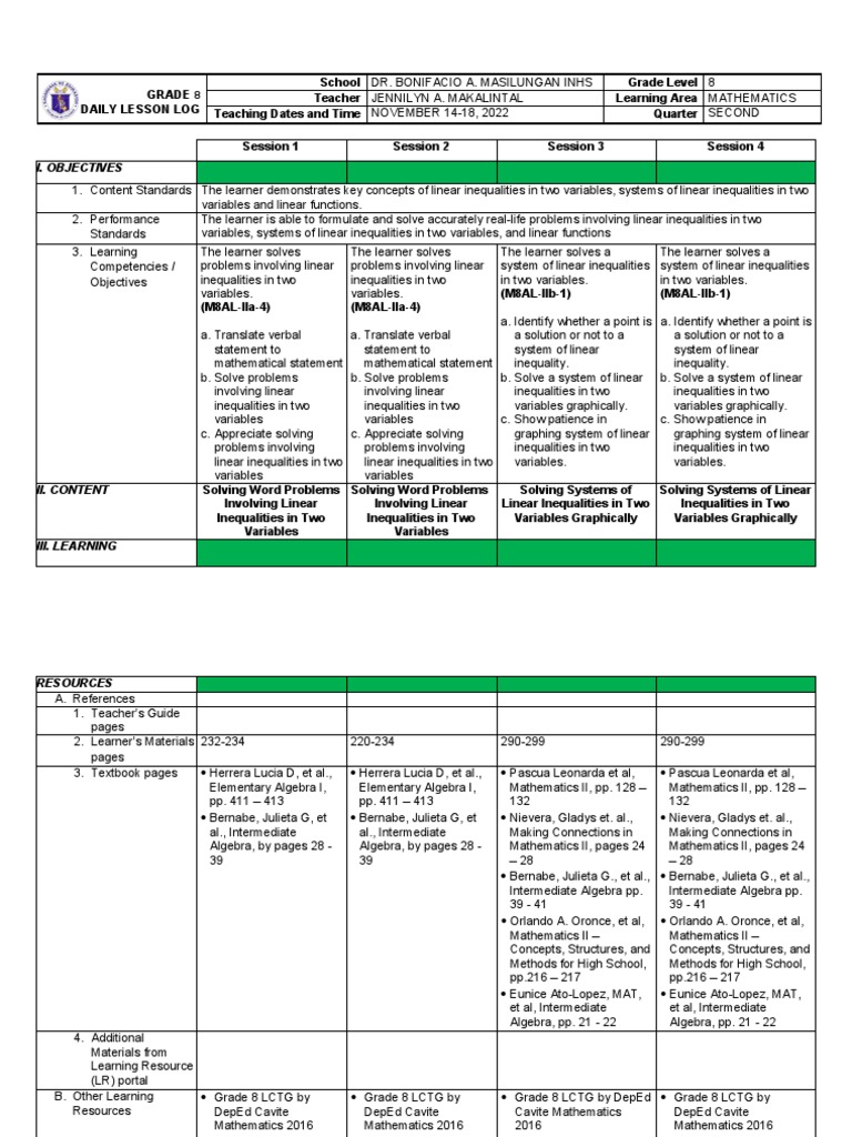 Analyzing Systems of Linear Inequalities: A Daily Lesson Log on ...