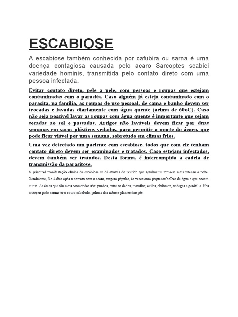 Escabiose: sintomas, transmissão e medidas preventivas contra a sarna | PDF