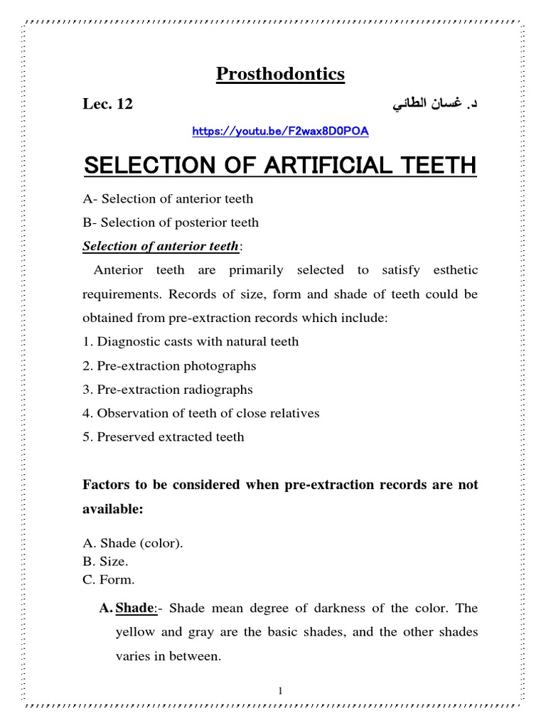 Selection of Artificial Teeth: Prosthodontics | PDF | Dentistry ...