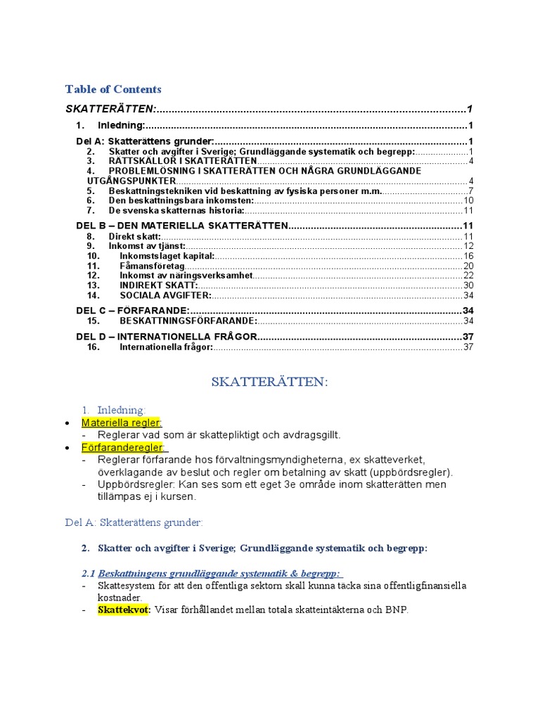 Skatterätt - Boken Sammanfattning (Klar) | PDF