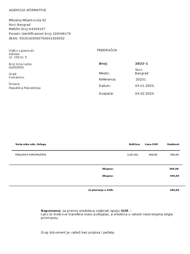 Predračun Vlatko Lazarevski Konsultacija! | PDF