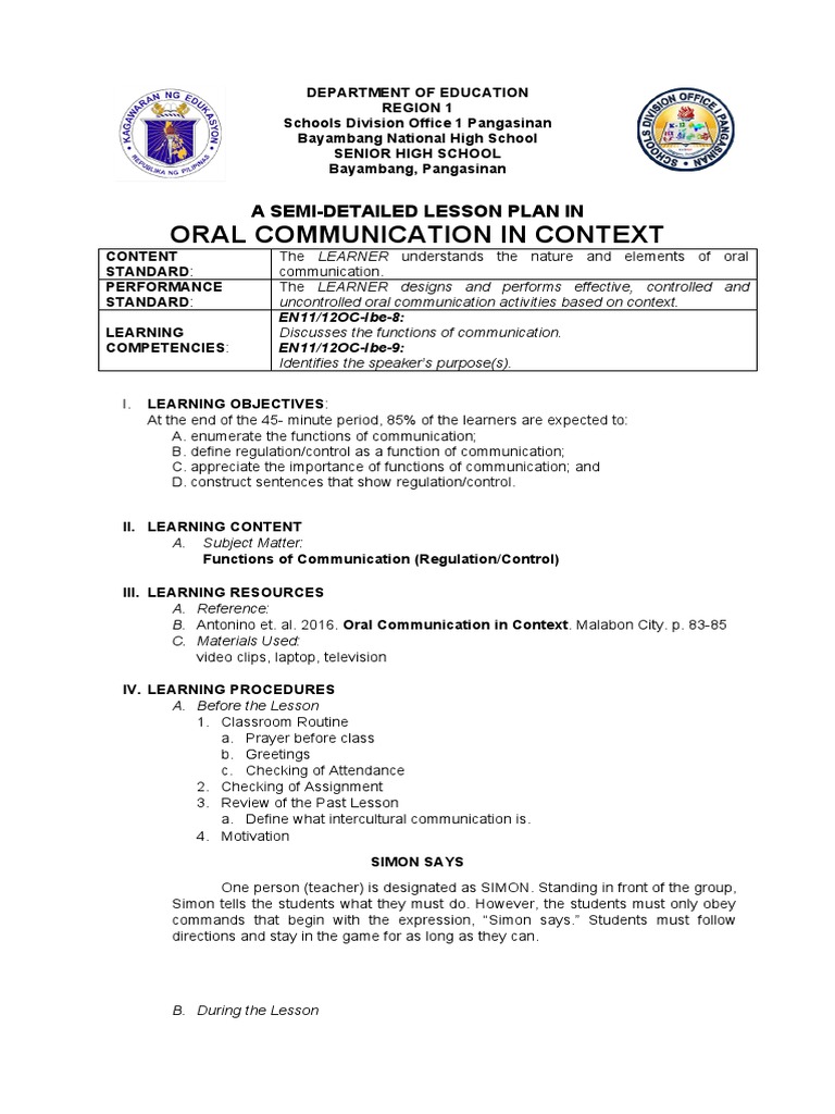 Lesson Plan in Oral Communication in Communicative Strategies | PDF